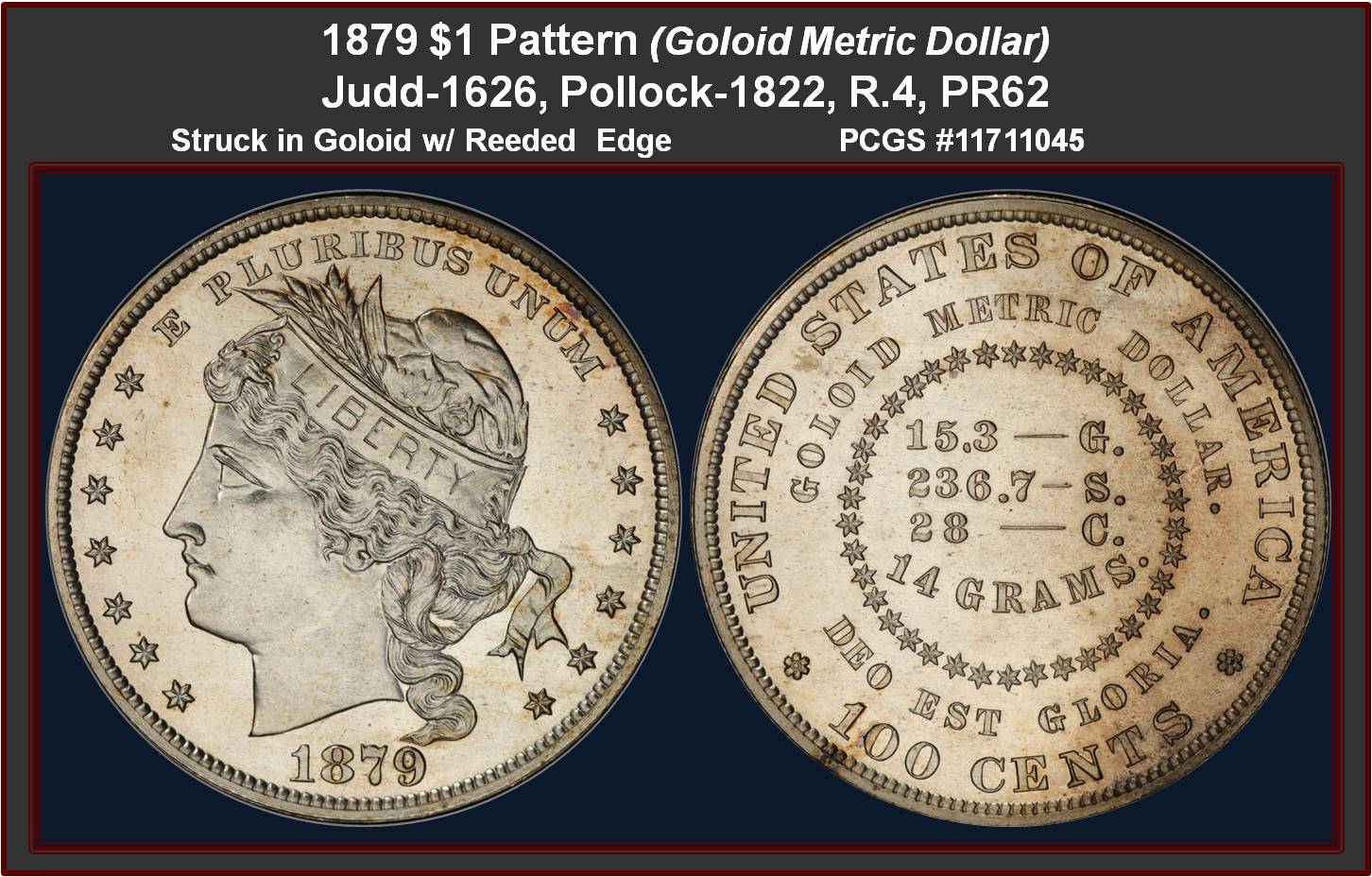 1879 Goloid Dollar J-1626 GOLOID Rev: Stars w/ METRIC DOLLAR & "100 ...